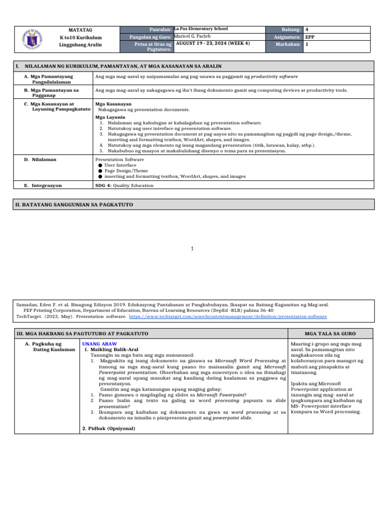 DLL Matatag - Epp 4 Q1 W4 | PDF