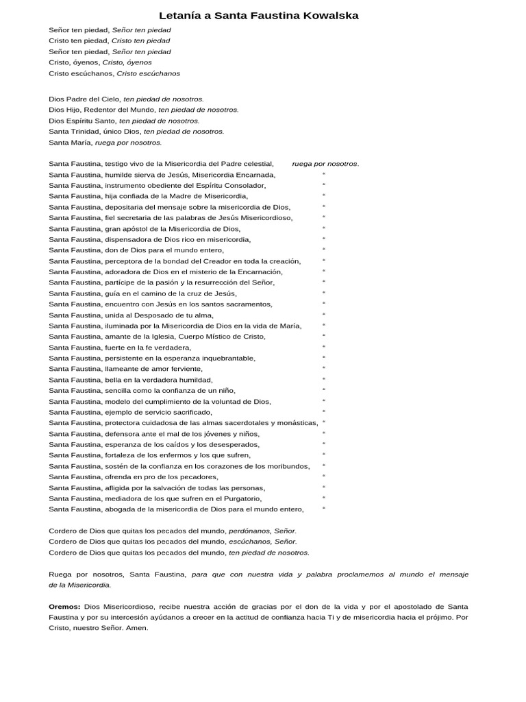 Letanía A Santa Faustina Kowalska | PDF | Cristo (título) | Pecado