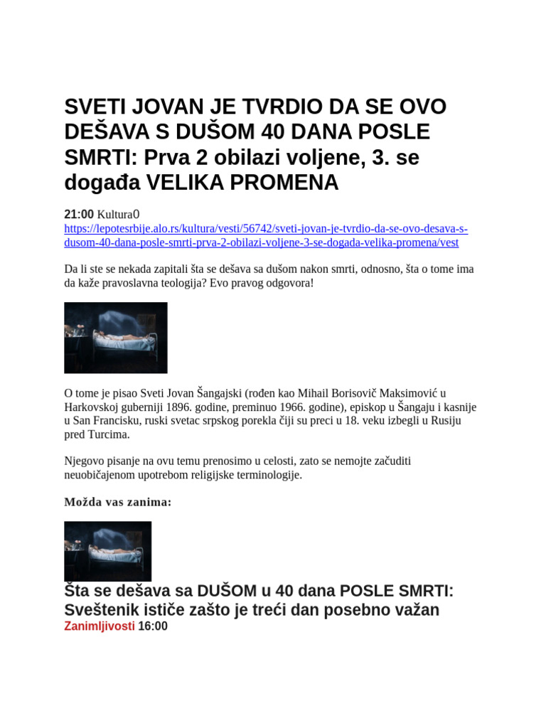 Sveti Jovan Je Tvrdio Da Se Ovo Dešava S Dušom 40 Dana Posle Smrti | PDF