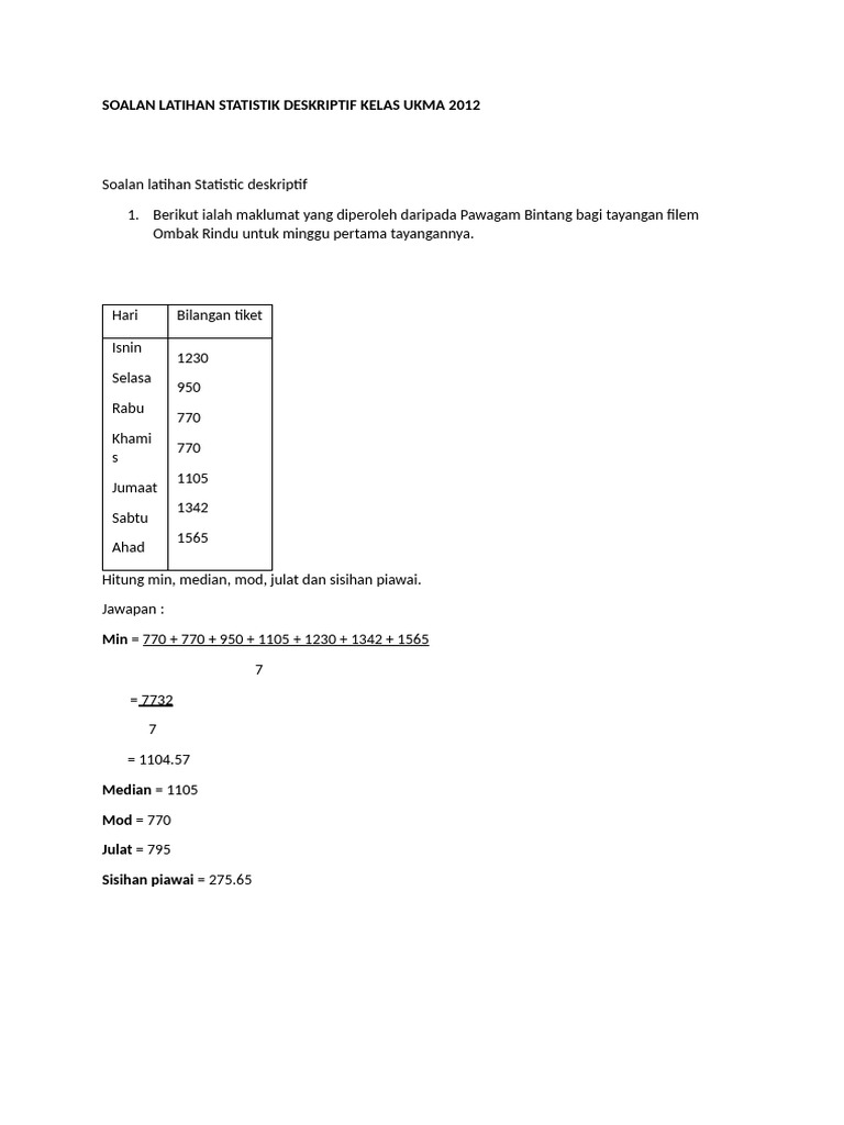 Soalan Latihan Statistik Deskriptif Saalini | PDF