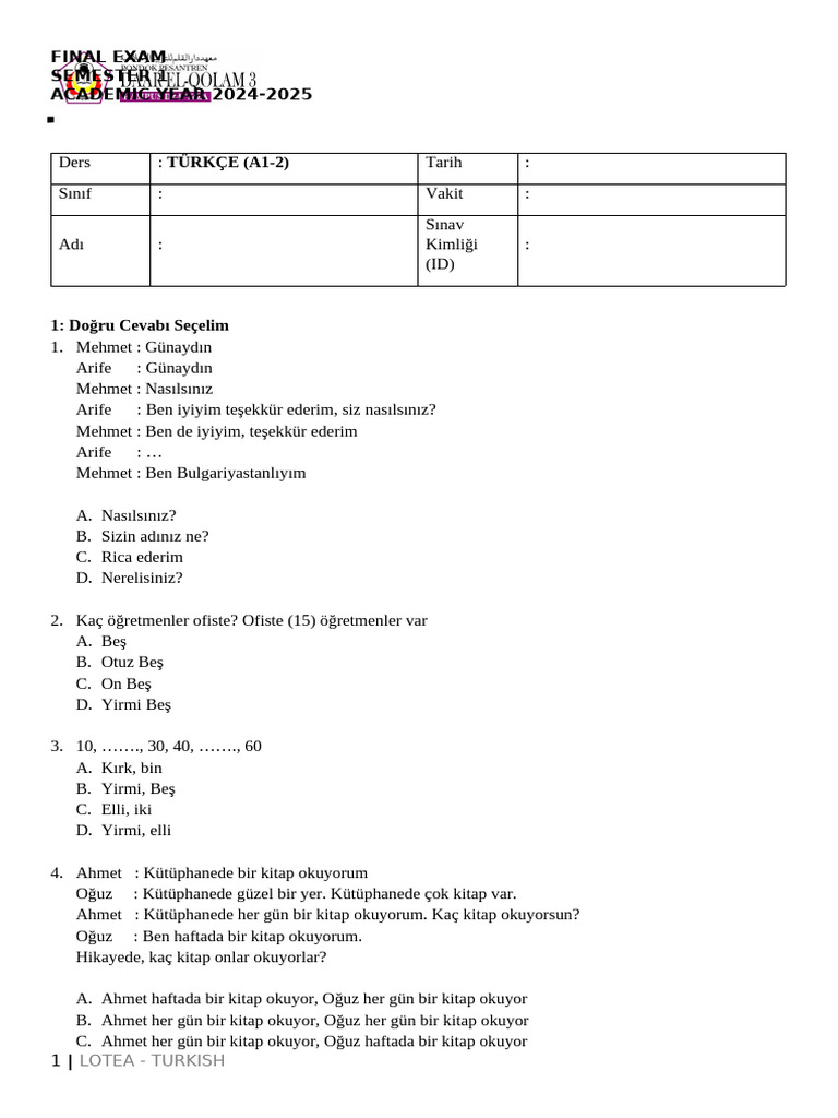 TÜRKÇE (A1-2) : Final Exam Semester 1 ACADEMIC YEAR 2024-2025 | PDF