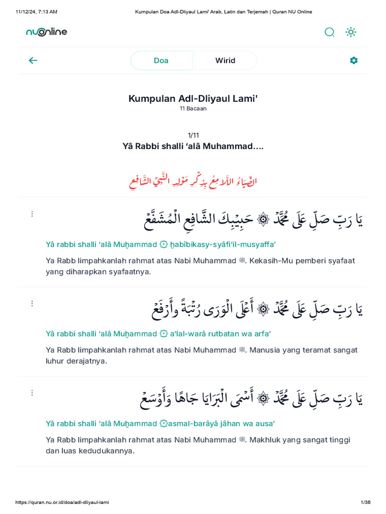Kumpulan Doa Adl-Dliyaul Lami' Arab, Latin Dan Terjemah - Quran NU Online | PDF