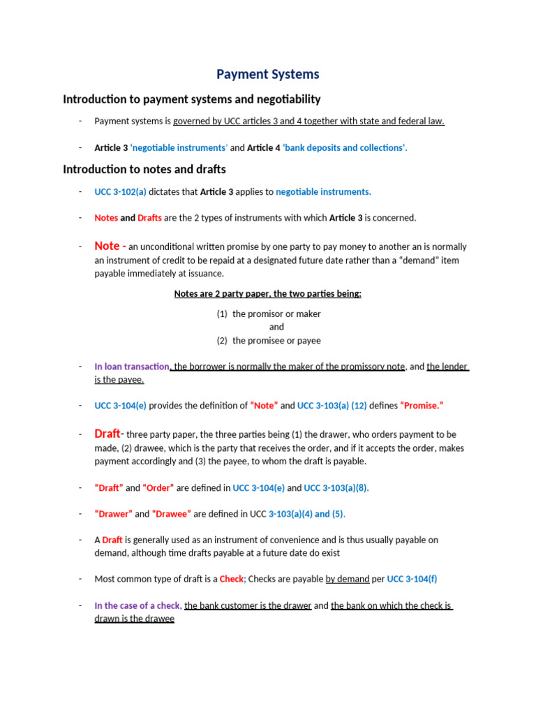 Payment Systems Outline | PDF | Cheque | Negotiable Instrument
