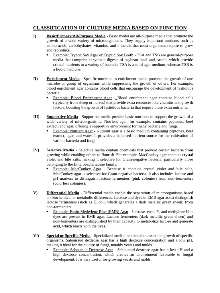 Classification of Culture Media | PDF | Growth Medium | Microbiology