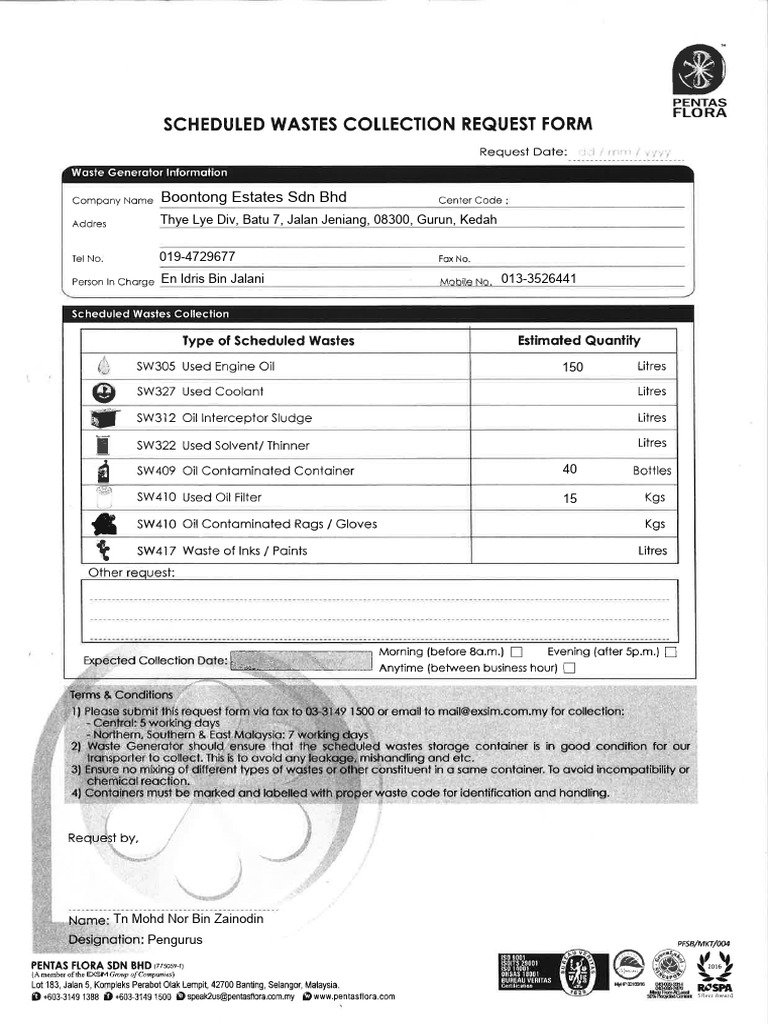 Schedule Waste Collection Form Thye Lye | PDF