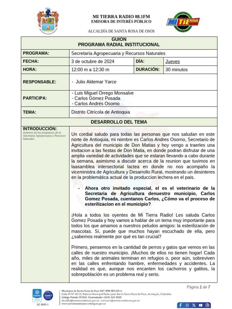 FORMATO - GUION PARA PROGRAMA RADIAL INSTITUCIONAL - Emisora Mi Tierra Radio (Psicologia) | PDF ...