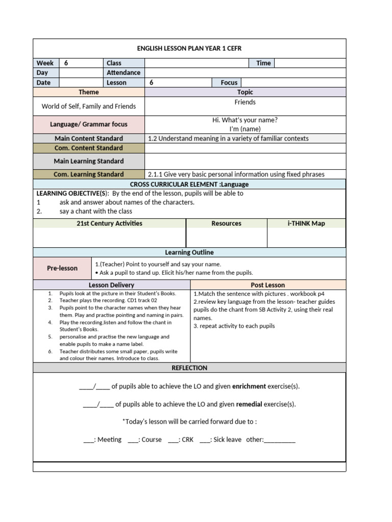 Update Y1 Lesson Plan Week 6 | PDF | Lesson Plan | Writing