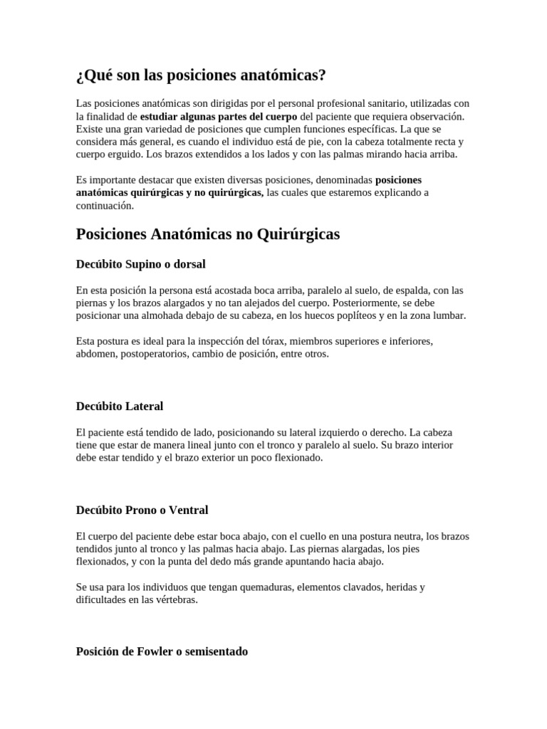 Tipos de Posiciones Anatómicas | PDF | Medicina CLINICA