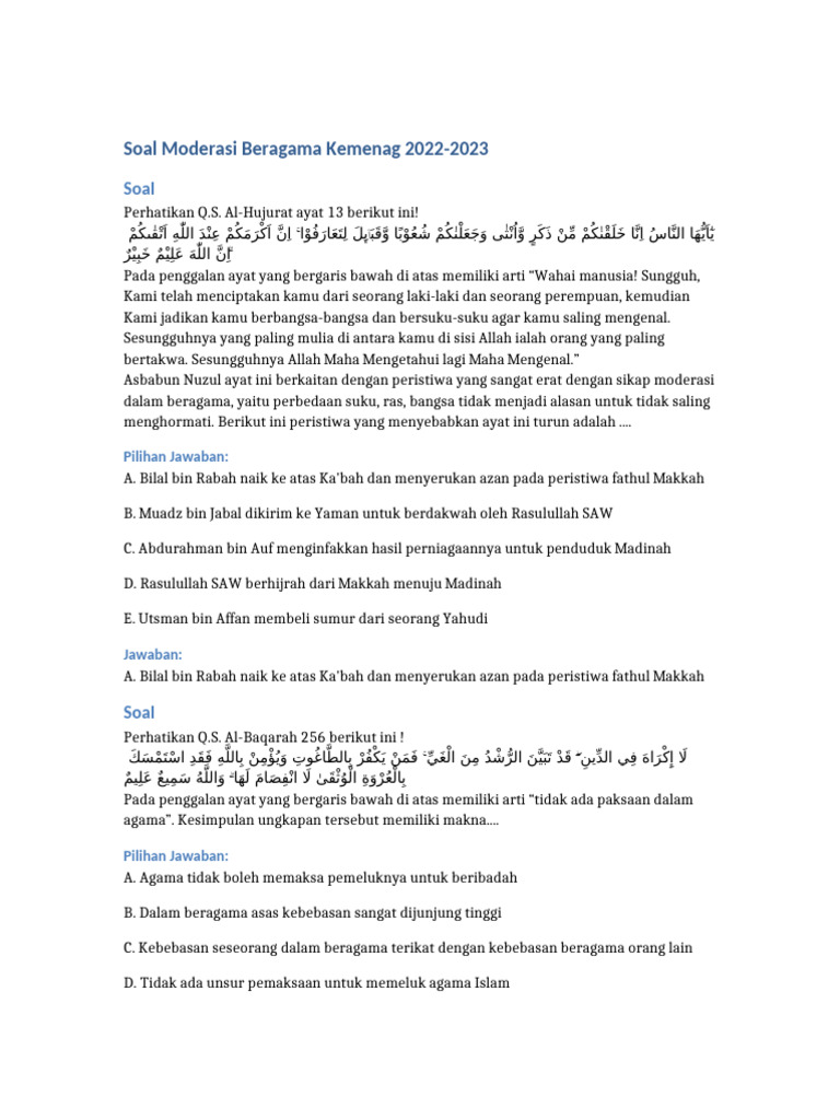 Soal Moderasi Beragama Kemenag | PDF