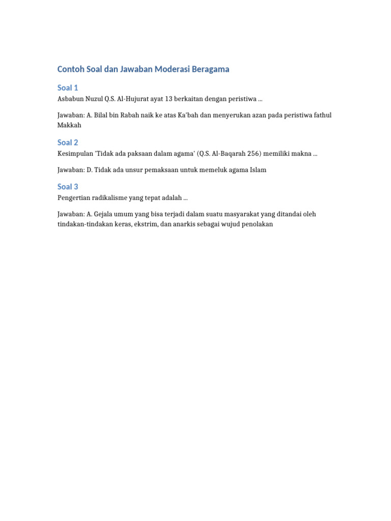 Soal Moderasi Beragama | PDF
