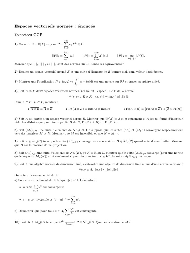 Espaces vectoriels normés : exercices clés | PDF | Compacité ...