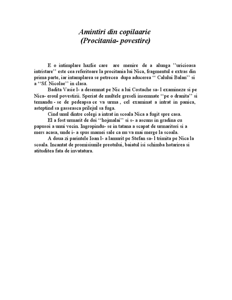 Rezumat Procitanie Amintiri Din Copilarie Pdf