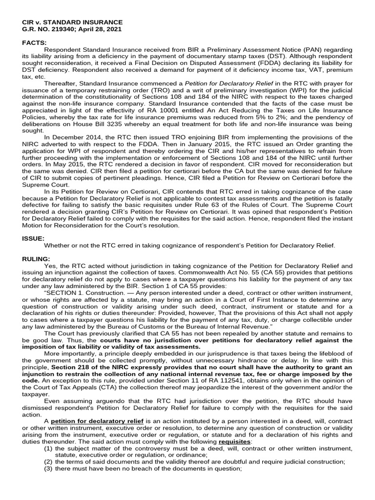 Tax Assessment Dispute: CIR v. Standard Insurance | PDF | Injunction ...