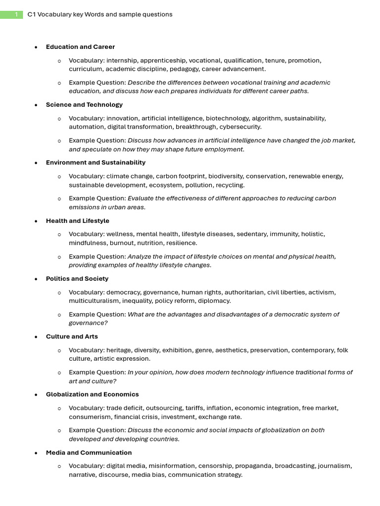 C1 Key Words and Sample Questions | PDF | Sustainability | Biodiversity