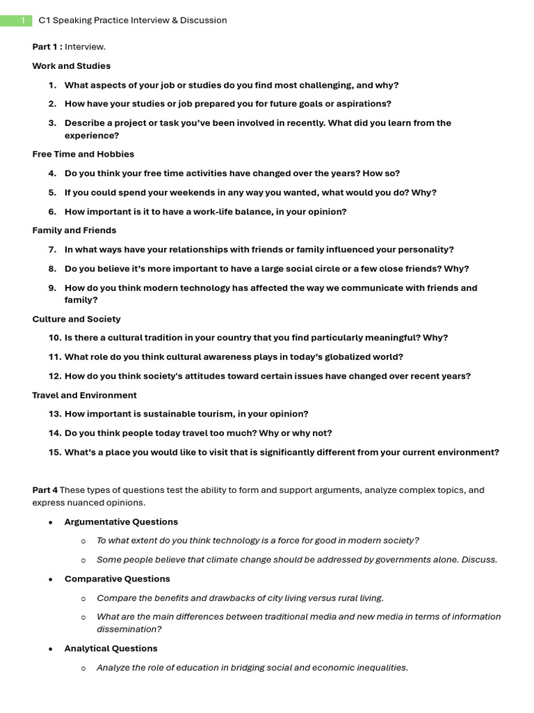 C1 Speaking Practice: Interview Questions | PDF | Society | Social ...