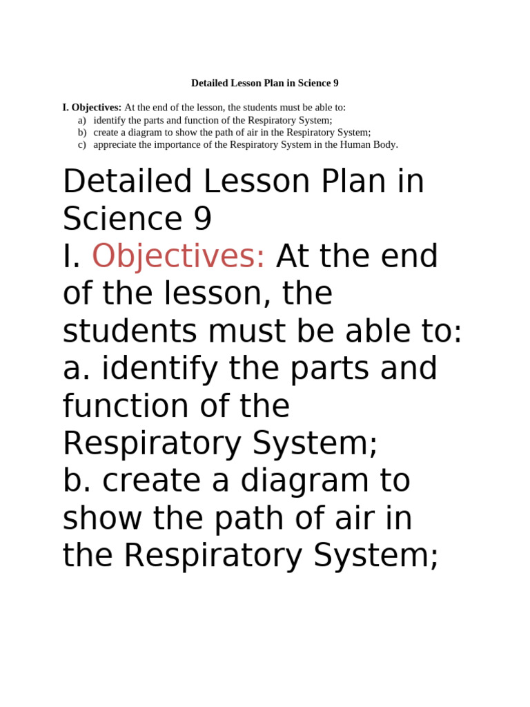 Science 9 Lesson Plan: Respiratory System | PDF