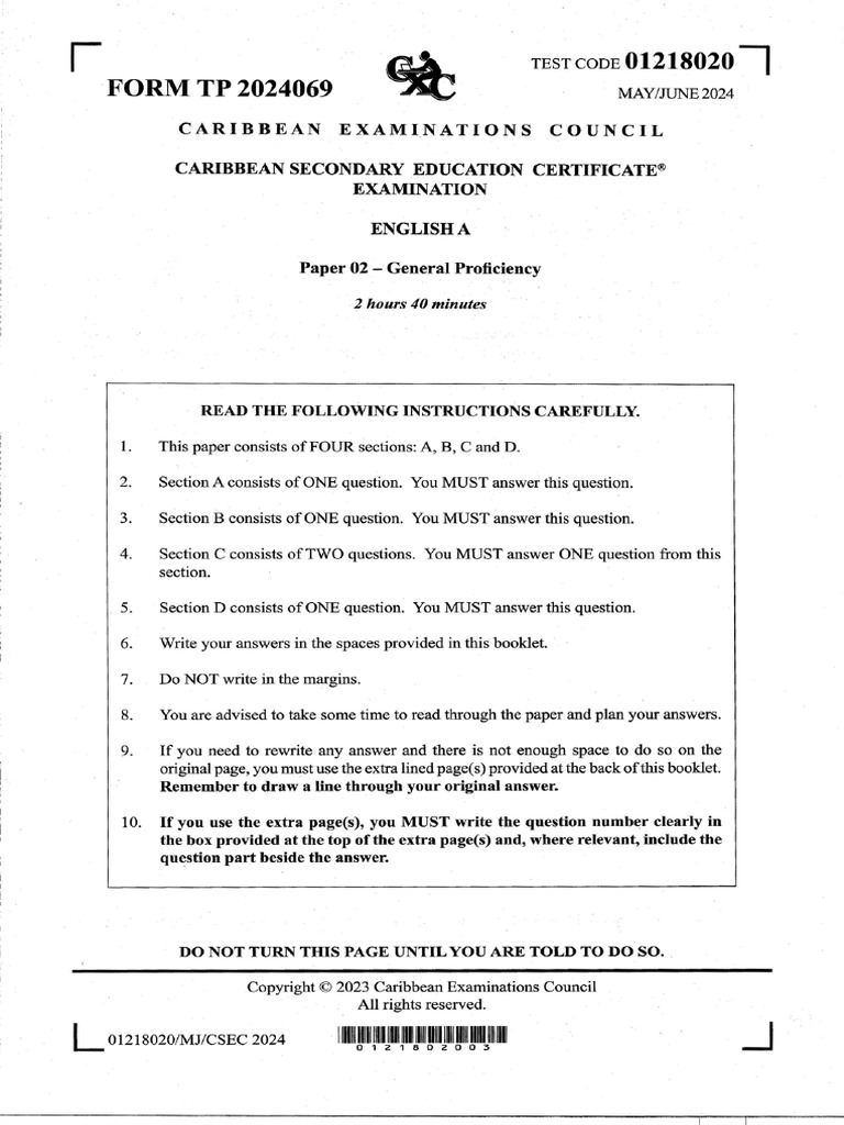 CSEC English A June 2024 P2 | PDF