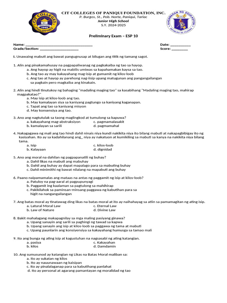 1st Quarter Exam ESP10 | PDF