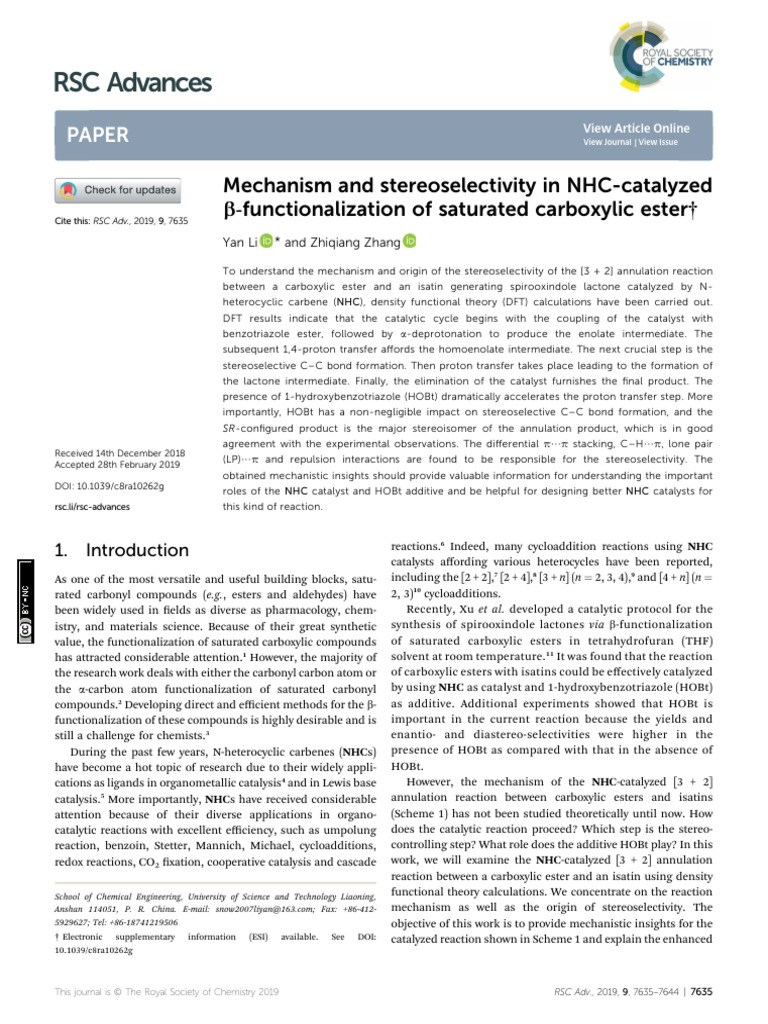 RSC Adv 2019 Espirolactonas Oxindol | PDF | Chemical Reactions | Catalysis