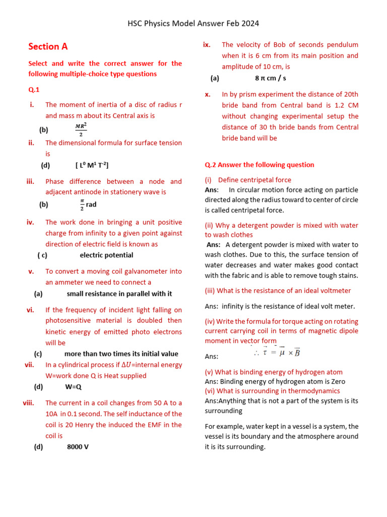 HSC Model Answer 2024 | PDF | Photoelectric Effect | Inductor