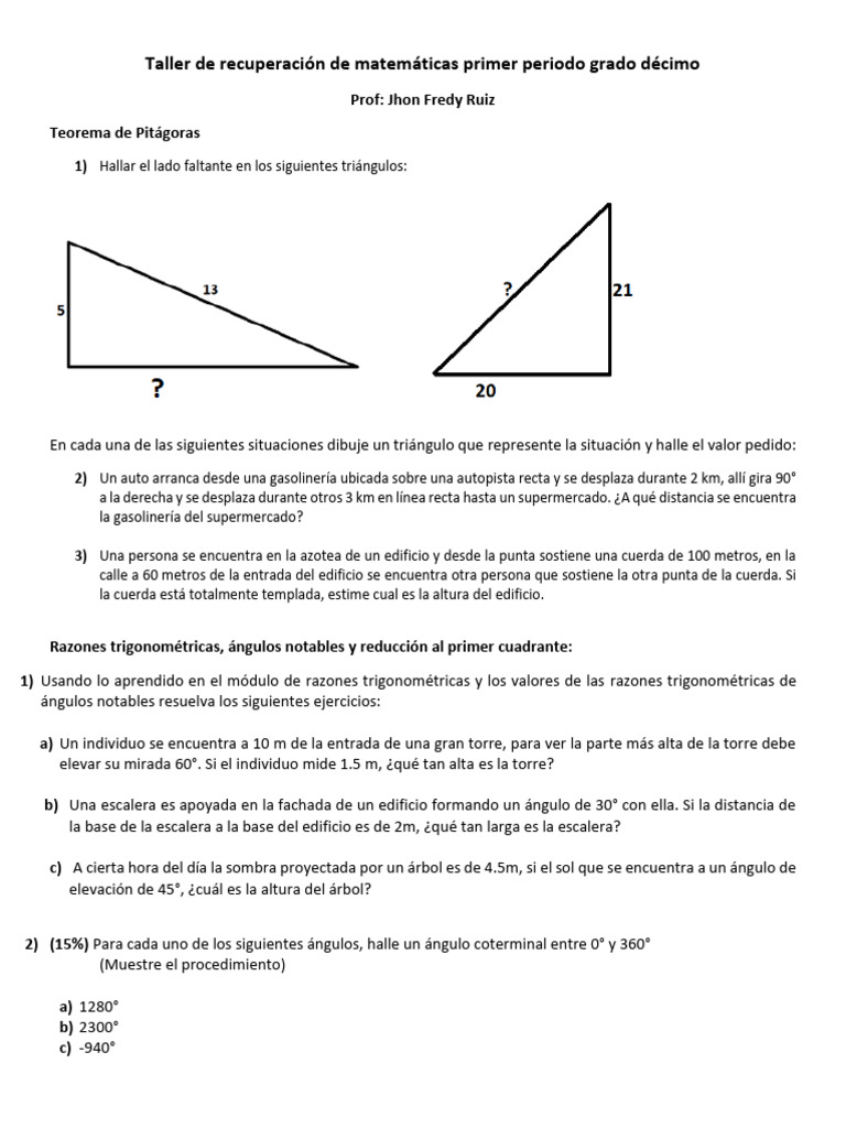 Taller de Recuperación de Matemáticas Primer Periodo Grado Décimo | PDF | Mediana | Trigonometría