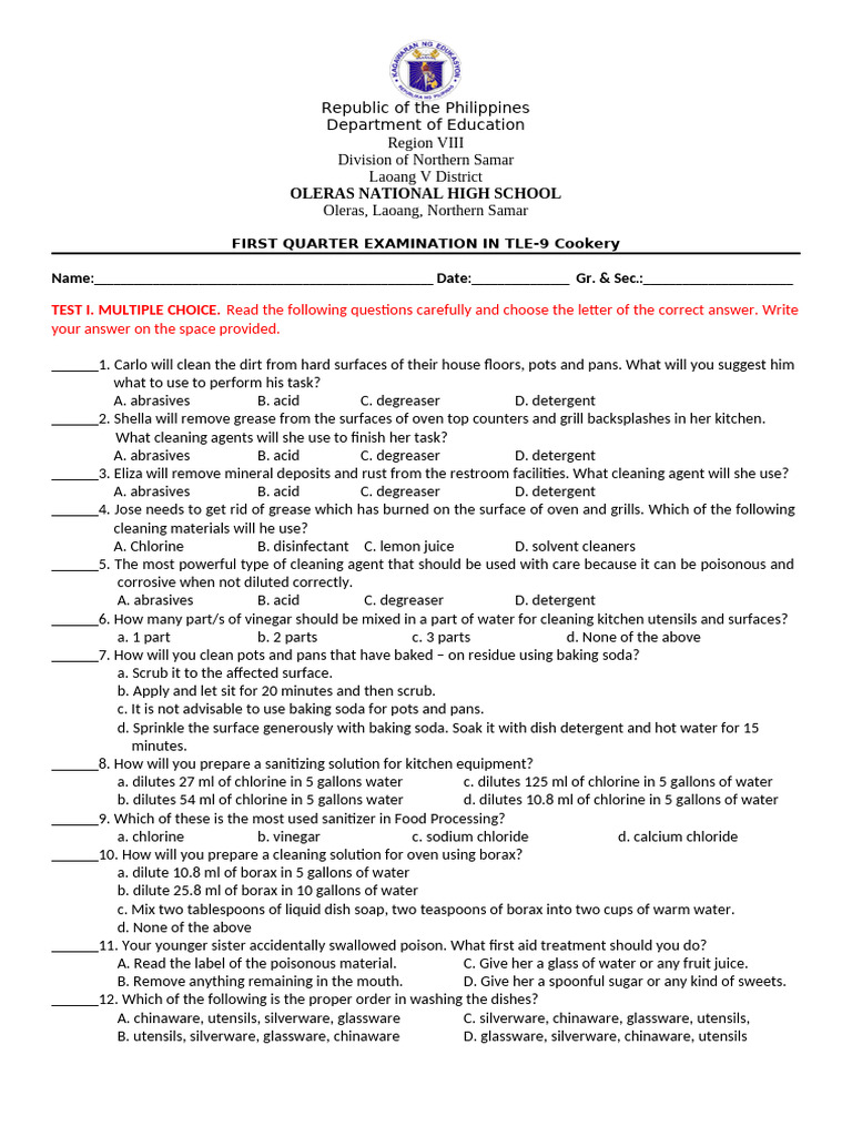 TLE 9 - 1st QUARTER EXAM | PDF | Kitchen Utensil | Foods