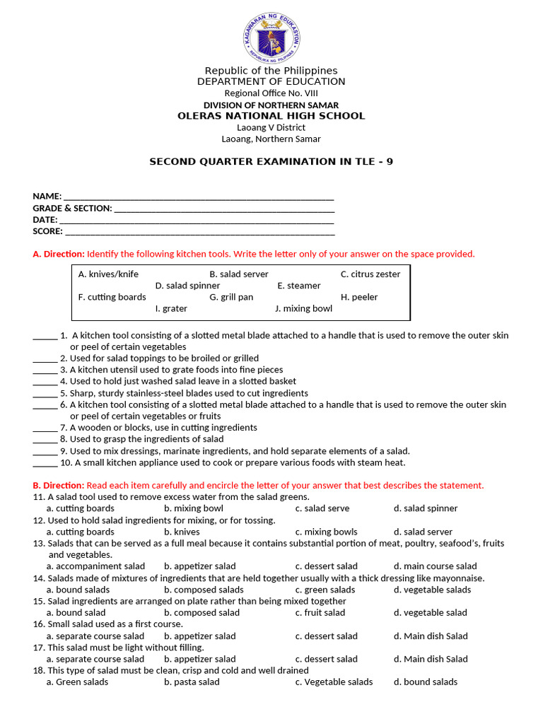 TLE 9 - 2nd QUARTER EXAM | PDF | Salad | Mayonnaise