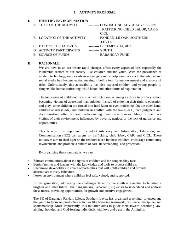 ACTIVITY PROPOSAL Decemenber | PDF | Child Protection | Social Psychology