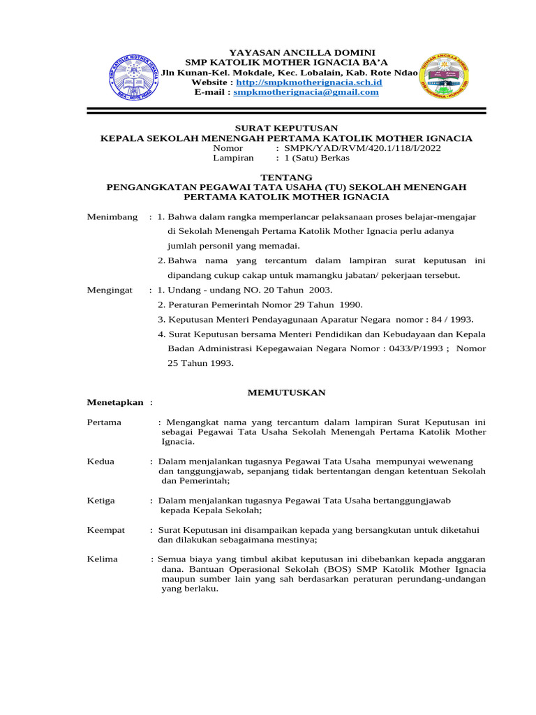 Contoh SK Pengangkatan Guru Honorer | PDF