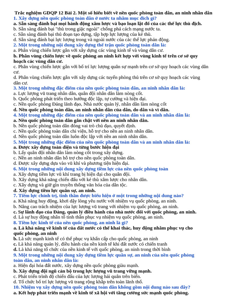 Trắc nghiệm GDQP 12 Bài 2,3,4,5 | PDF