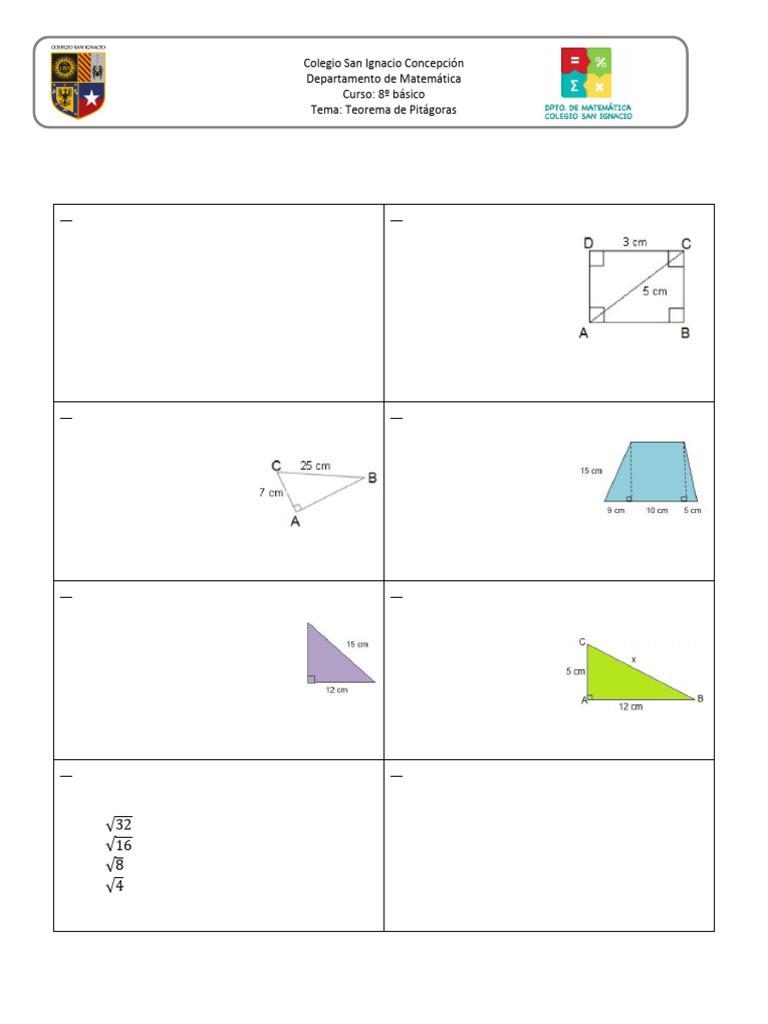 Guía del Teorema de Pitágoras 8º Básico | PDF | Geometría del plano ...