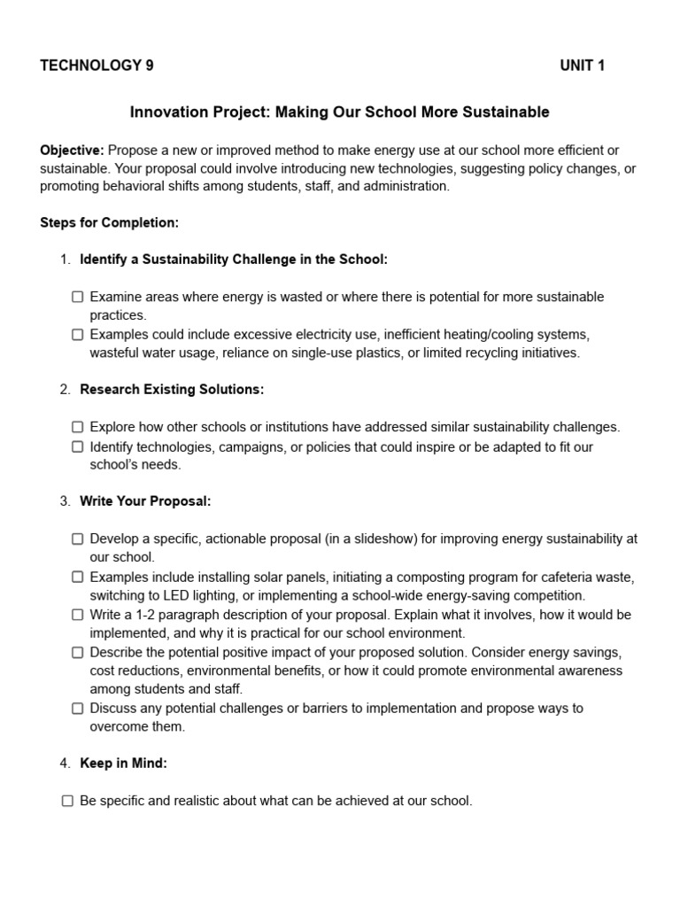 Unit 1 Innovation Project - Making Our School More Sustainable | PDF