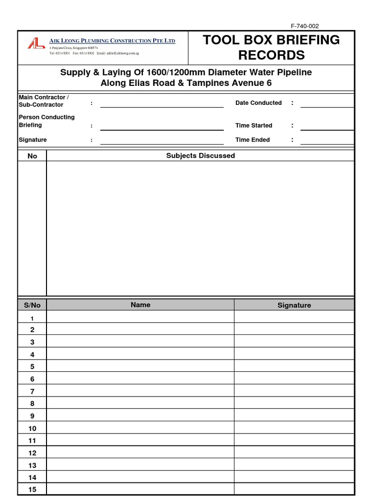 Tool Box Briefing Record - ETPL | PDF