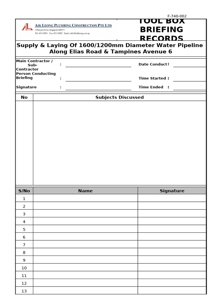 Tool Box Briefing Record | PDF