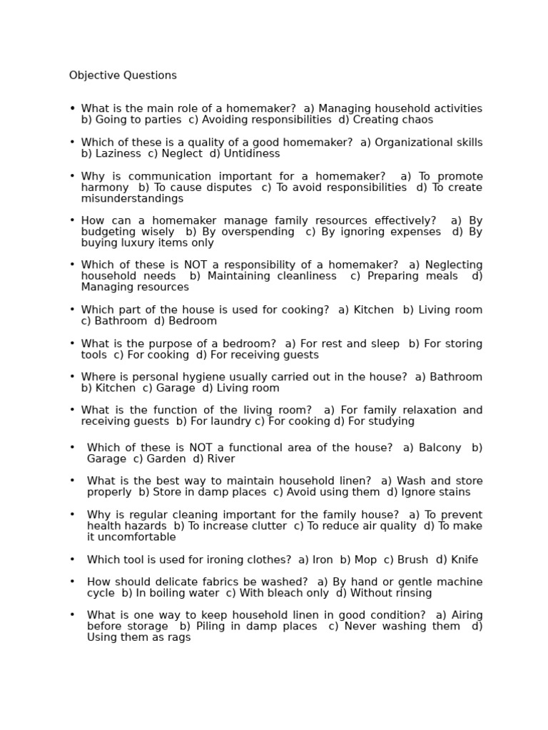 Home Economics Questions | PDF | Linens | Room