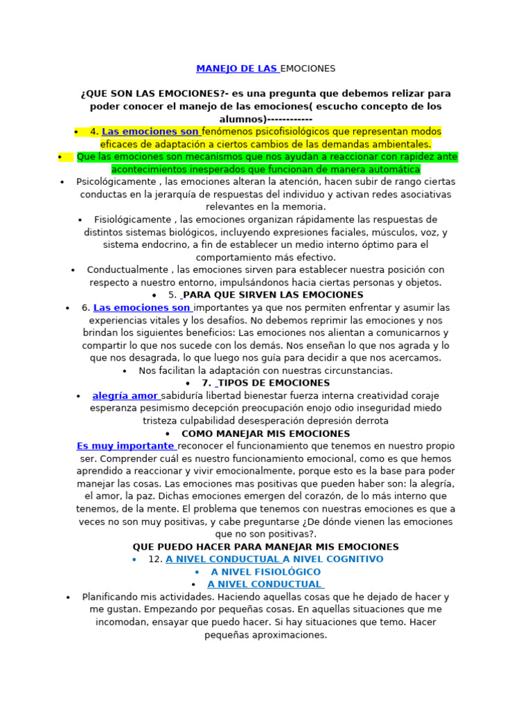 MANEJO DE LAS EMOCIONES | PDF | Las emociones | Ansiedad