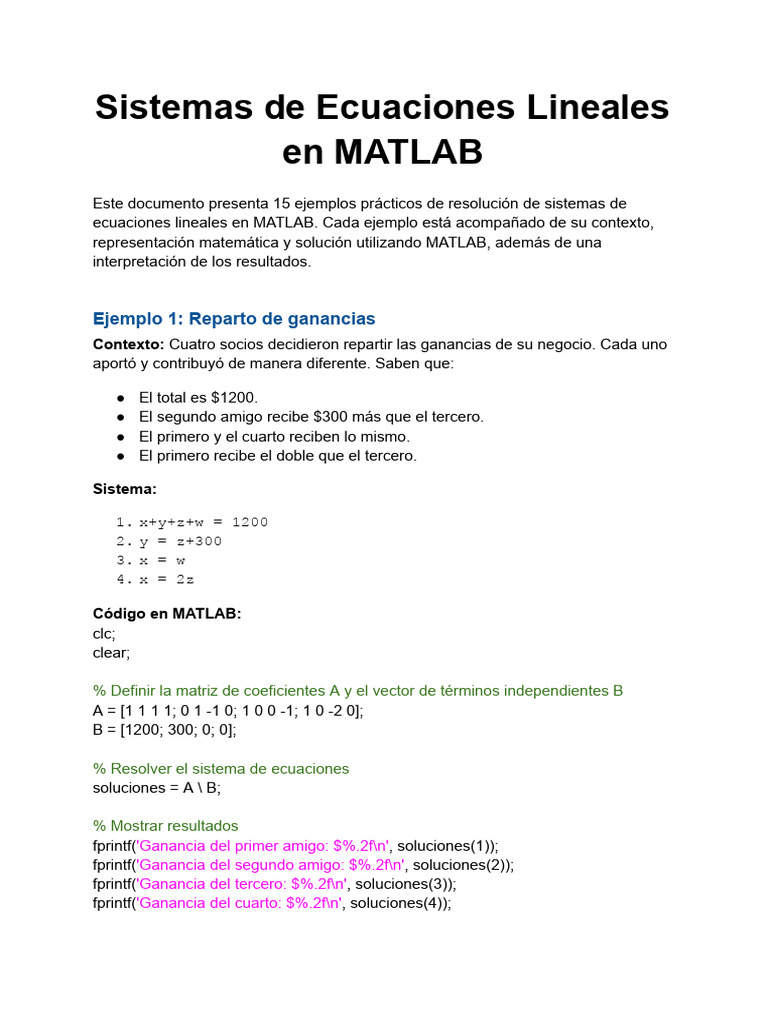 Sistemas de Ecuaciones Lineales en MATLAB | PDF | Ecuaciones | Matriz ...