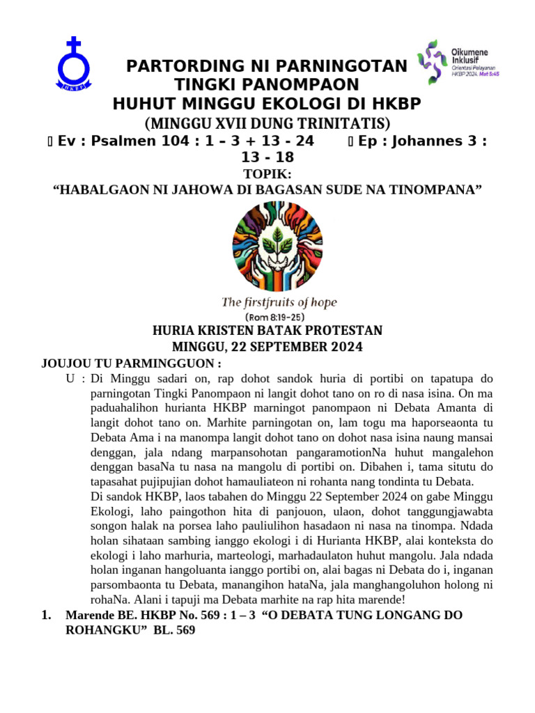 Partording Ni Parmingguon Ekologi, XVII Dung Trinitatis, 22 Sept 2024, Batak - FINAL | PDF