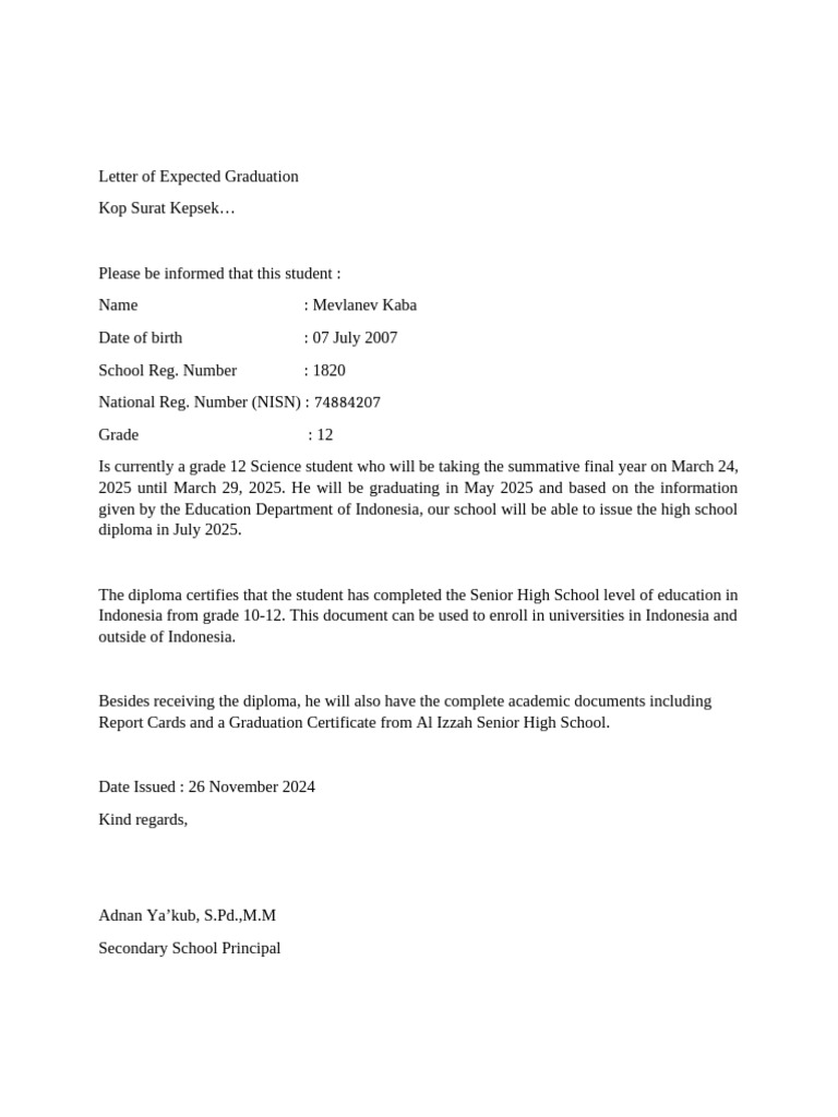 Letter of Expected Graduation | PDF