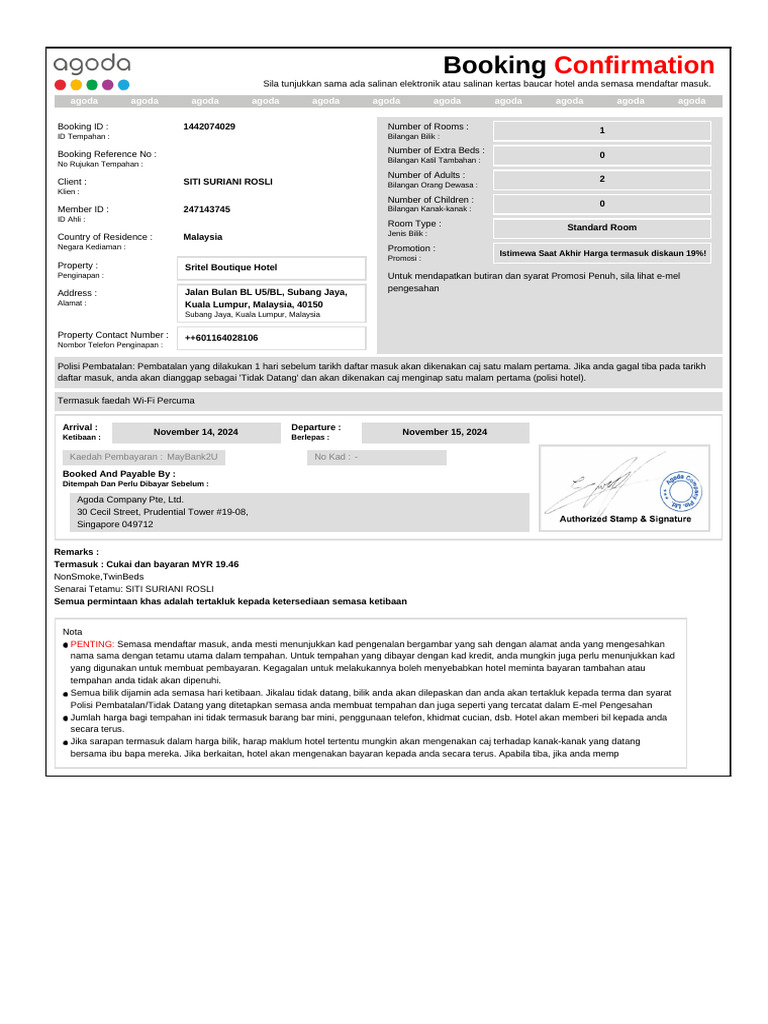 Confirmation For Booking ID # 1442074029 | PDF