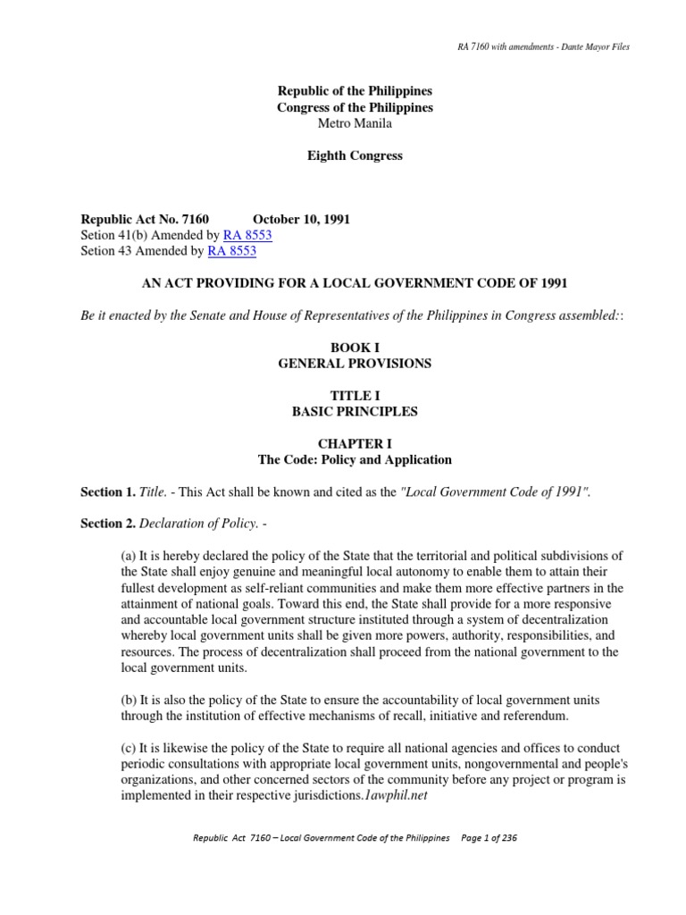 RA 7160 - The Local Government Code of 1991 | Local Government ...