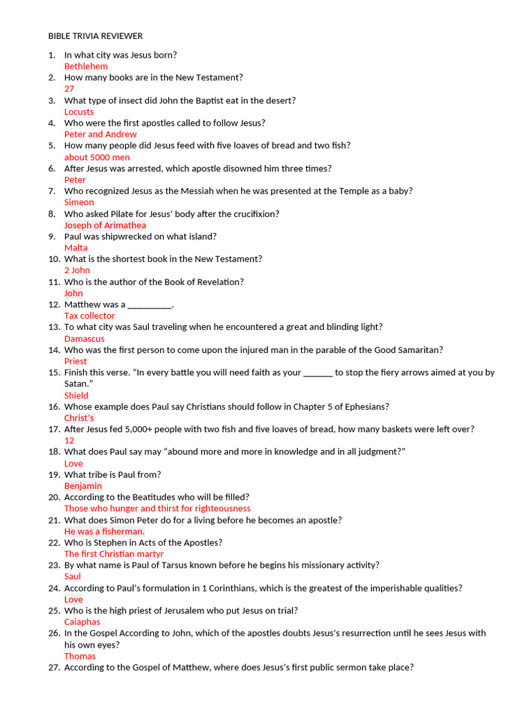 Bible Trivia Questions and Answers | PDF | Jesus | Paul The Apostle