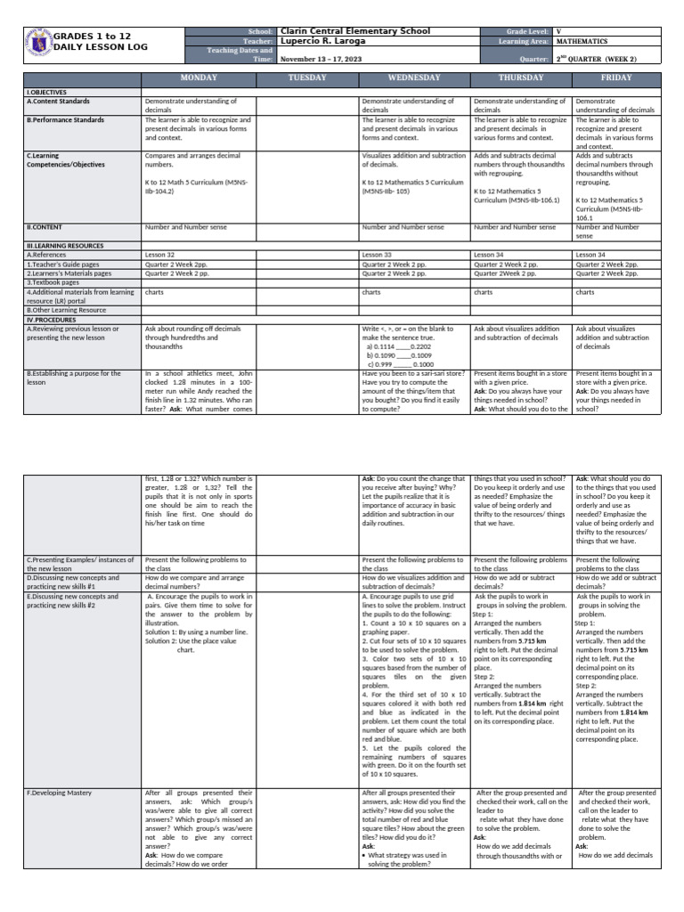 DLL - Mathematics 5 - Q2 - W2 | PDF | Curriculum | Numbers
