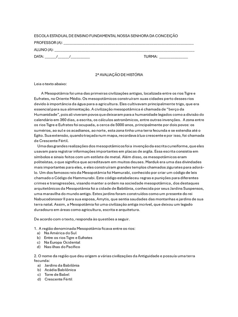 Prova De Historia Pdf Mesopotâmia Babilônia