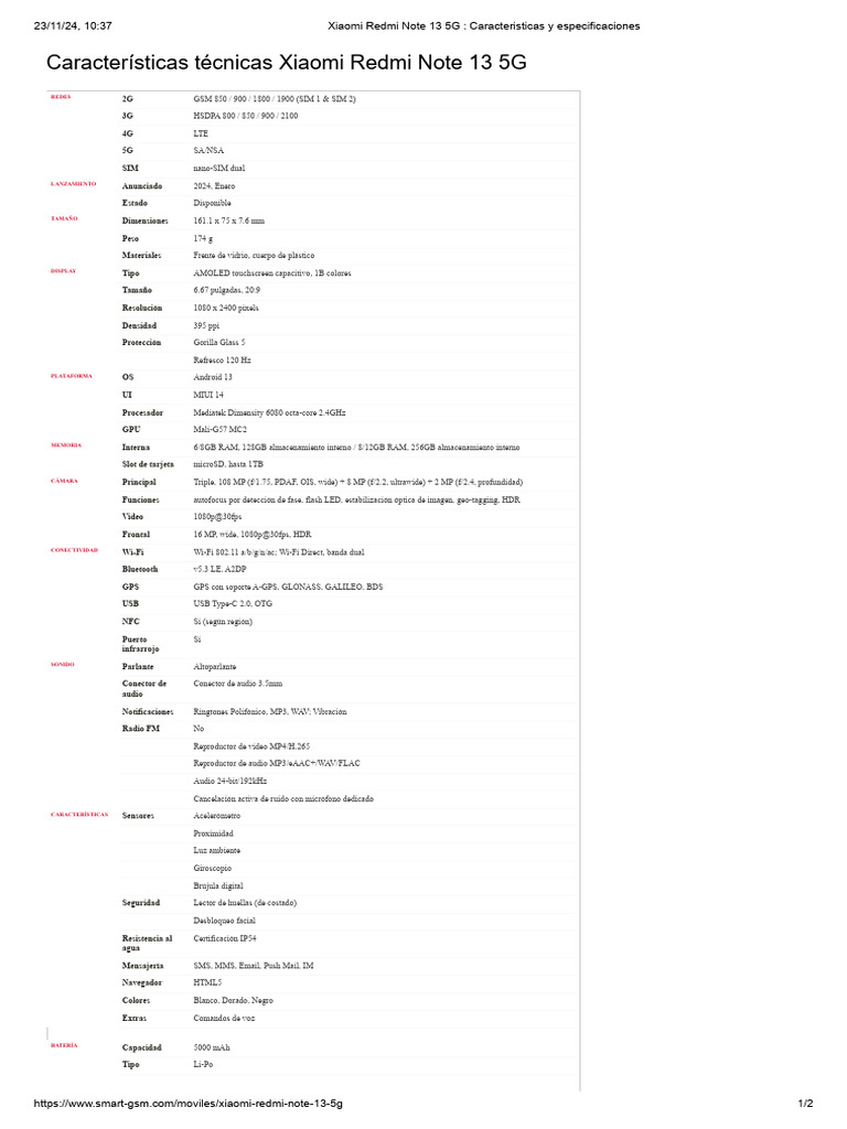 Xiaomi Redmi Note 13 5G - Caracteristicas y Especificaciones | PDF ...