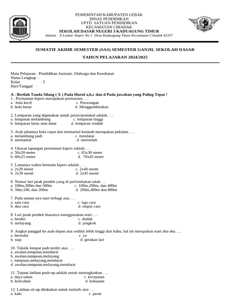 Soal Ulangan Penjas-2 | PDF