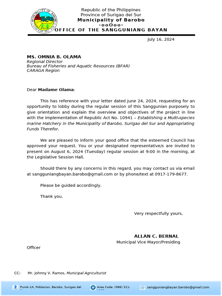 Confirmation To BFAR-CARAGA To Attend Session | PDF