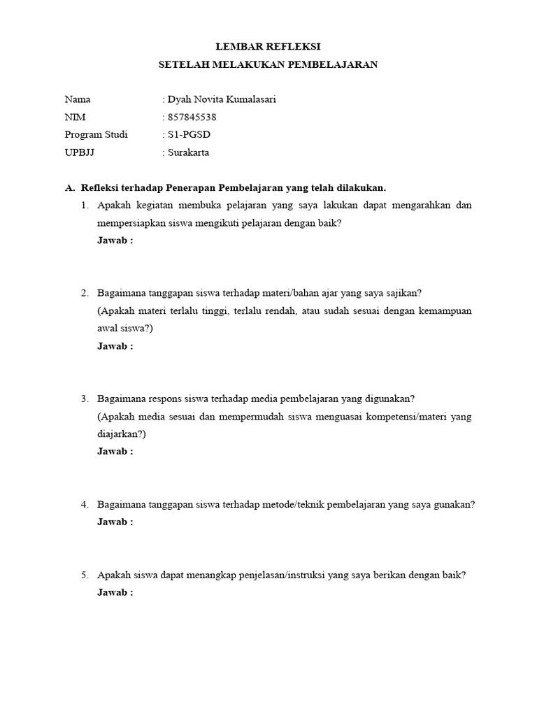 Lampiran 5 Lembar Refleksi | PDF