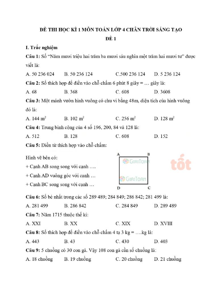 Minh Hoa de So 1 Thi Hoc Ki 1 Mon Toan Lop 4 CTST h1 | PDF