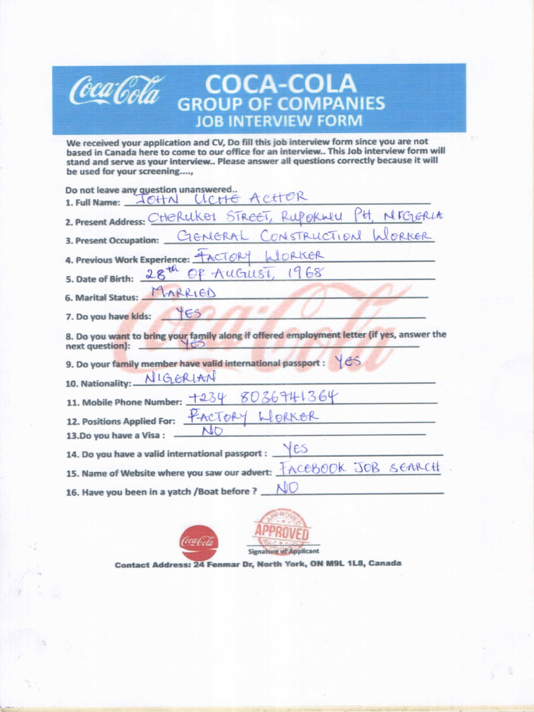 Coca-Cola Job Application | PDF